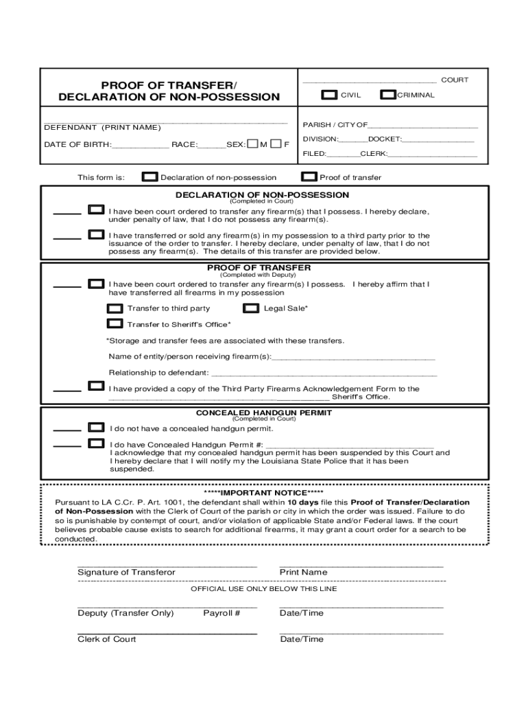 Fillable Online JPSO Proof of Transfer Declaration of Non Possession ...
