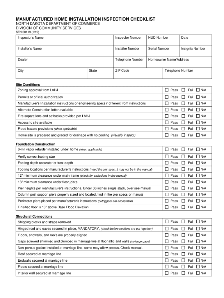 Fillable Online MANUFACTURED HOME INSTALLATION INSPECTION CHECKLIST ... Fillable Online MANUFACTURED HOME INSTALLATION INSPECTION CHECKLIST ...