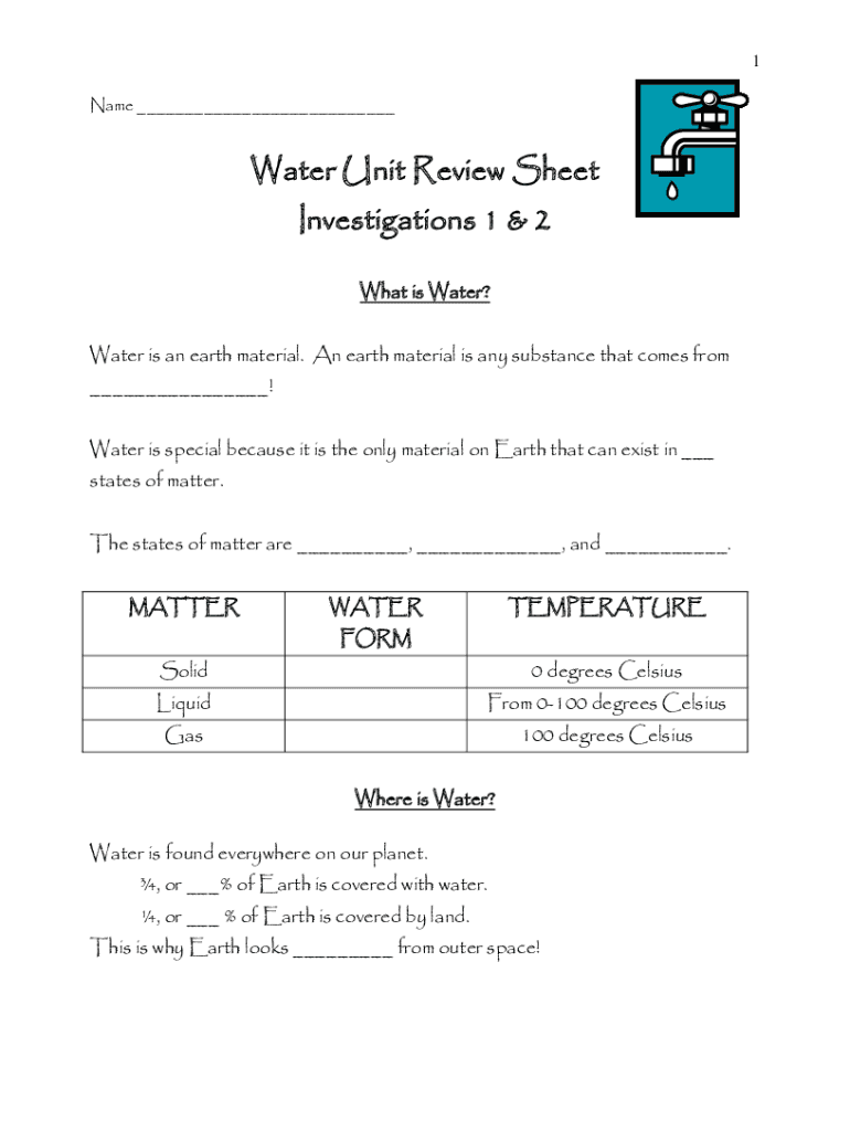 Fillable Online Water Unit Review Sheet Investigations 1 & 2 Fax Email ...