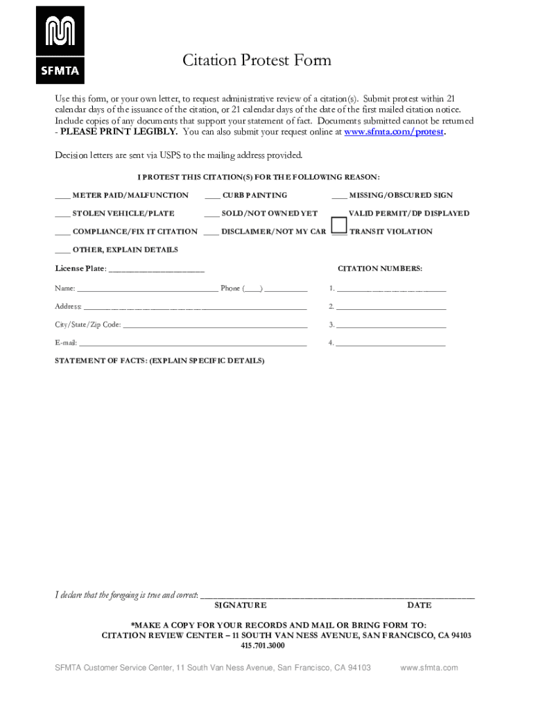 Fillable Online Citation Protest Form - SFMTA Fax Email Print - pdfFiller