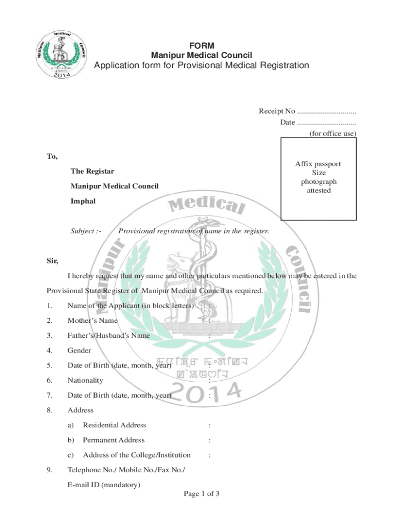 Fillable Online FORM - 1 Manipur Medical Council Application form for ...