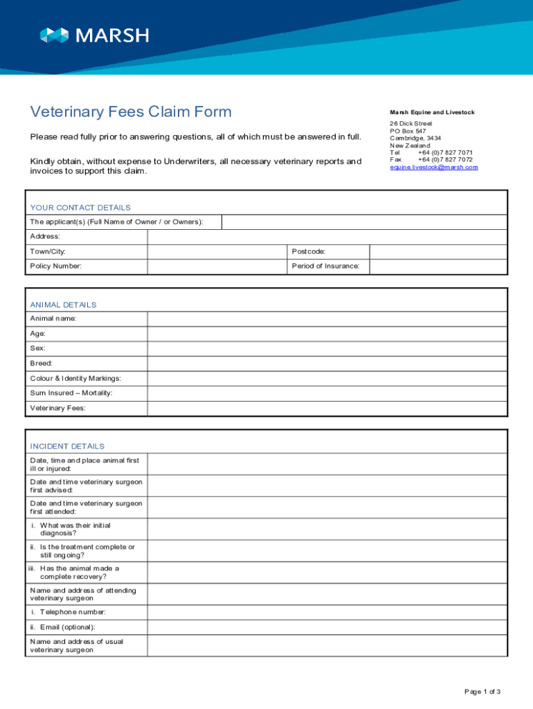 Fillable Online Veterinary Fees Claim Form - Marsh Fax Email Print ...