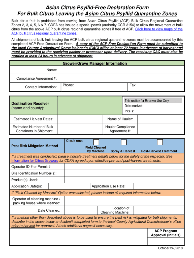Fillable Online Asian Citrus Psyllid-Free Declaration Form For Bulk ...
