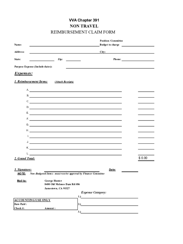 Fillable Online VVA CSC TRAVEL REIMBURSEMENT CLAIM FORM Expenses: 45 ...
