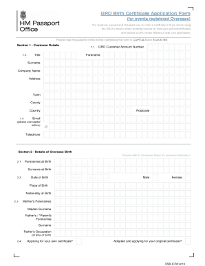 Fillable Online GRO Birth Certificate Application Form - GOV.UK Fax ...
