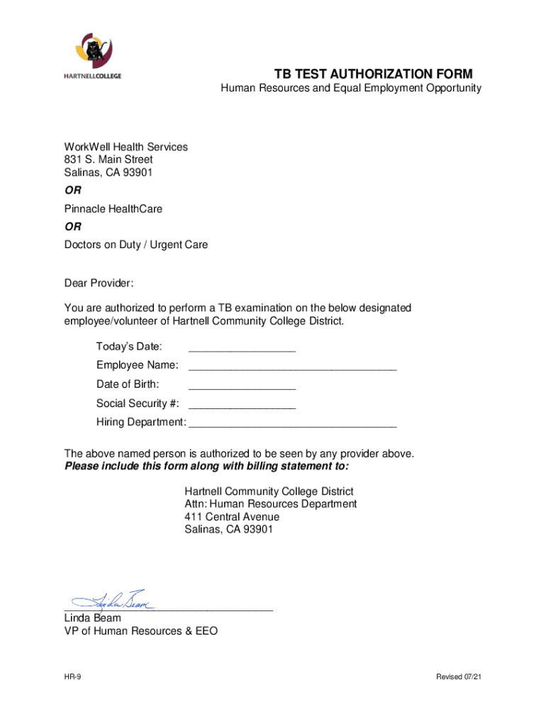 Fillable Online TB TEST AUTHORIZATION FORM Human Resources and Equal ...