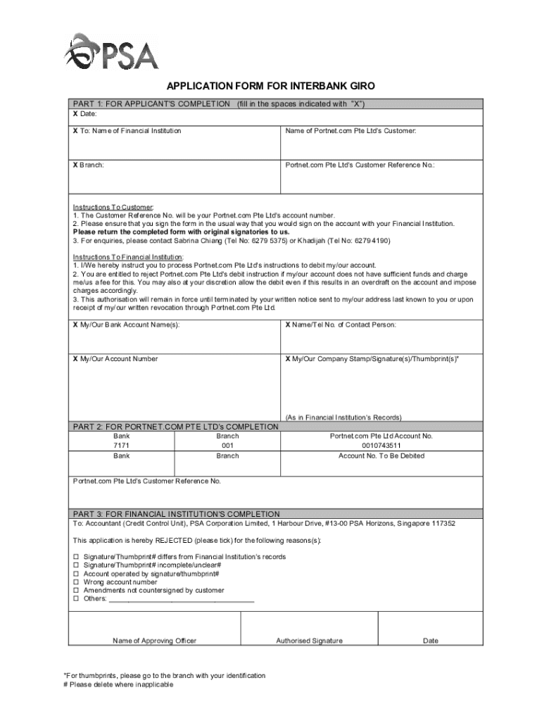Fillable Online APPLICATION FORM FOR INTERBANK GIRO PART 1 : FOR APPLICANT Fax Email Print ...