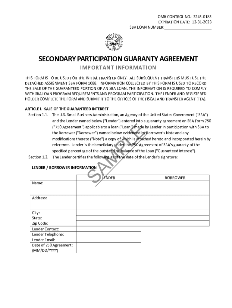 Fillable Online SBA Form 1086. Secondary Participation Guaranty ...