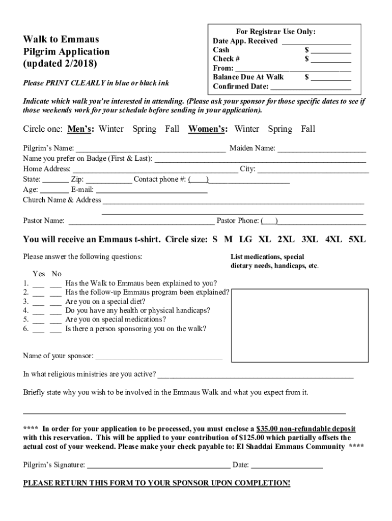 Fillable Online For Registrar Use Only: Walk to Emmaus Date App. Received ... Fax Email Print ...