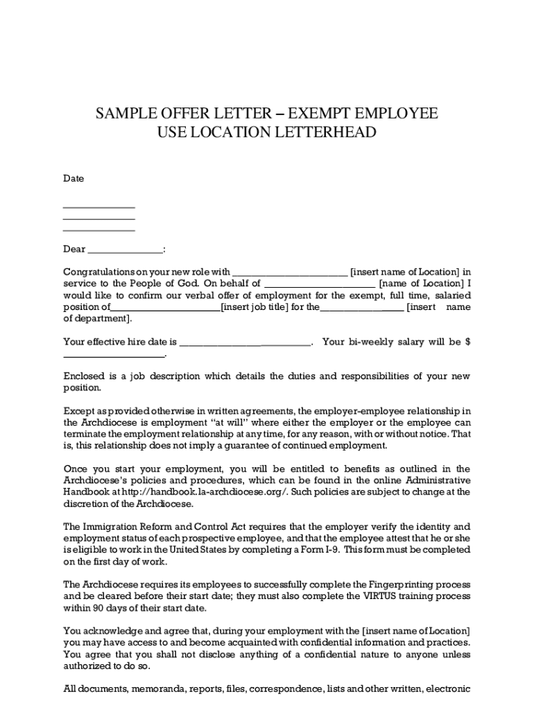 Fillable Online handbook la-archdiocese SAMPLE OFFER LETTER EXEMPT ...