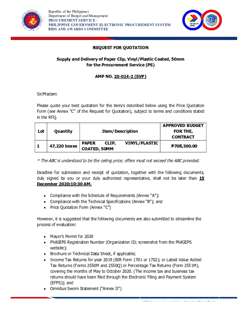 Fillable Online REQUEST FOR QUOTATION Supply and ... - ps-philgeps.gov ...