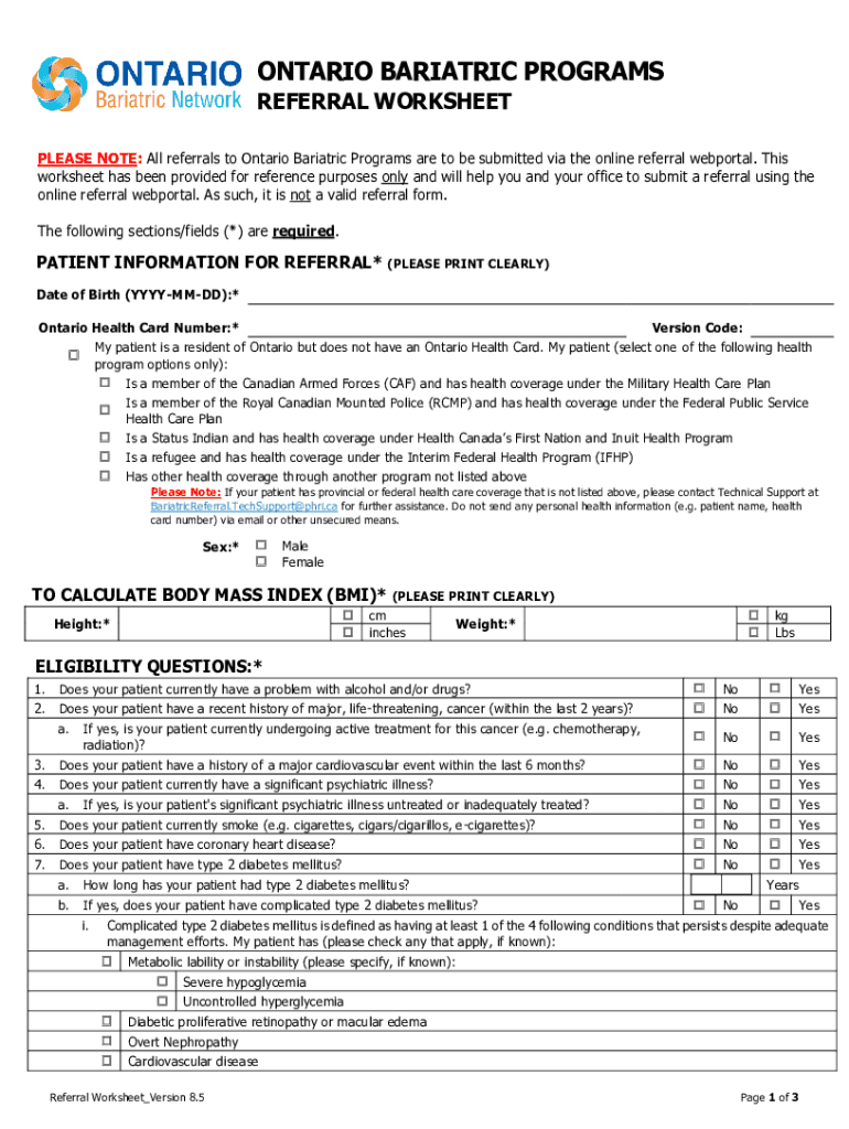 Fillable Online referrals ontariobariatricnetwork REFERRAL WORKSHEET ...