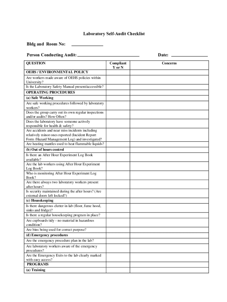 Fillable Online Laboratory Self-Audit Checklist - Fill and Sign ...