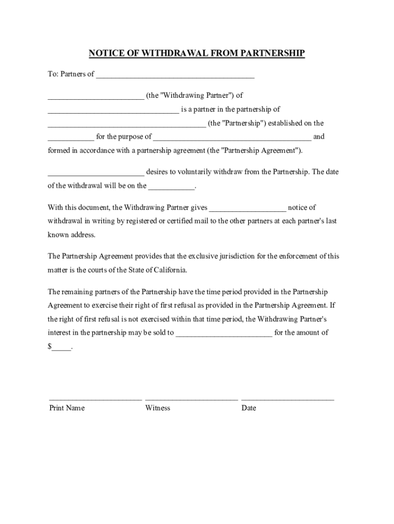 Fillable Online Notice of Withdrawal from Partnership - Template Form ...