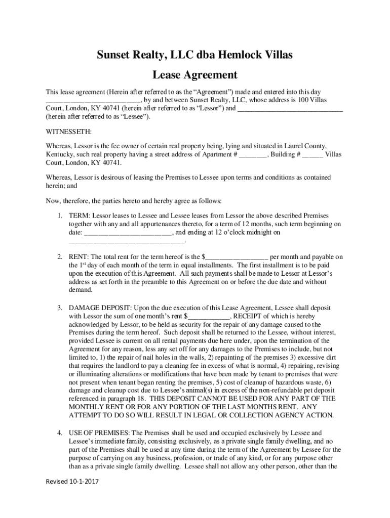 Fillable Online Sunset Realty, LLC dba Hemlock Villas Lease Agreement ...