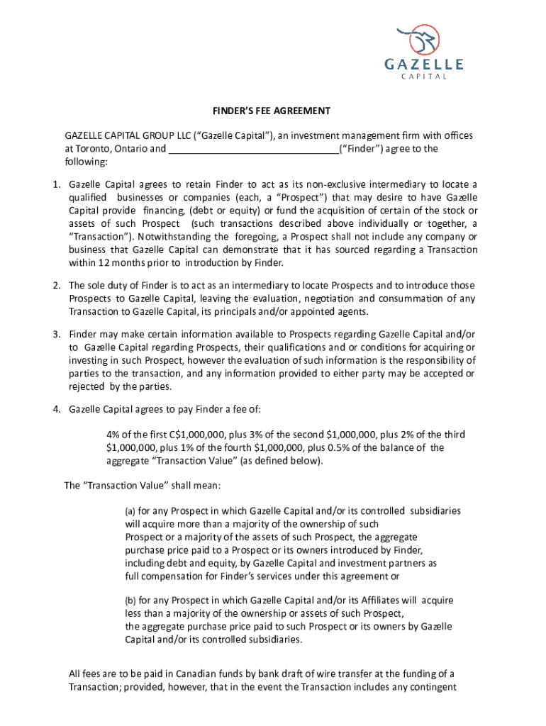 Fillable Online Finders Fee Agreement - Gazelle Capital Fax Email Print ...