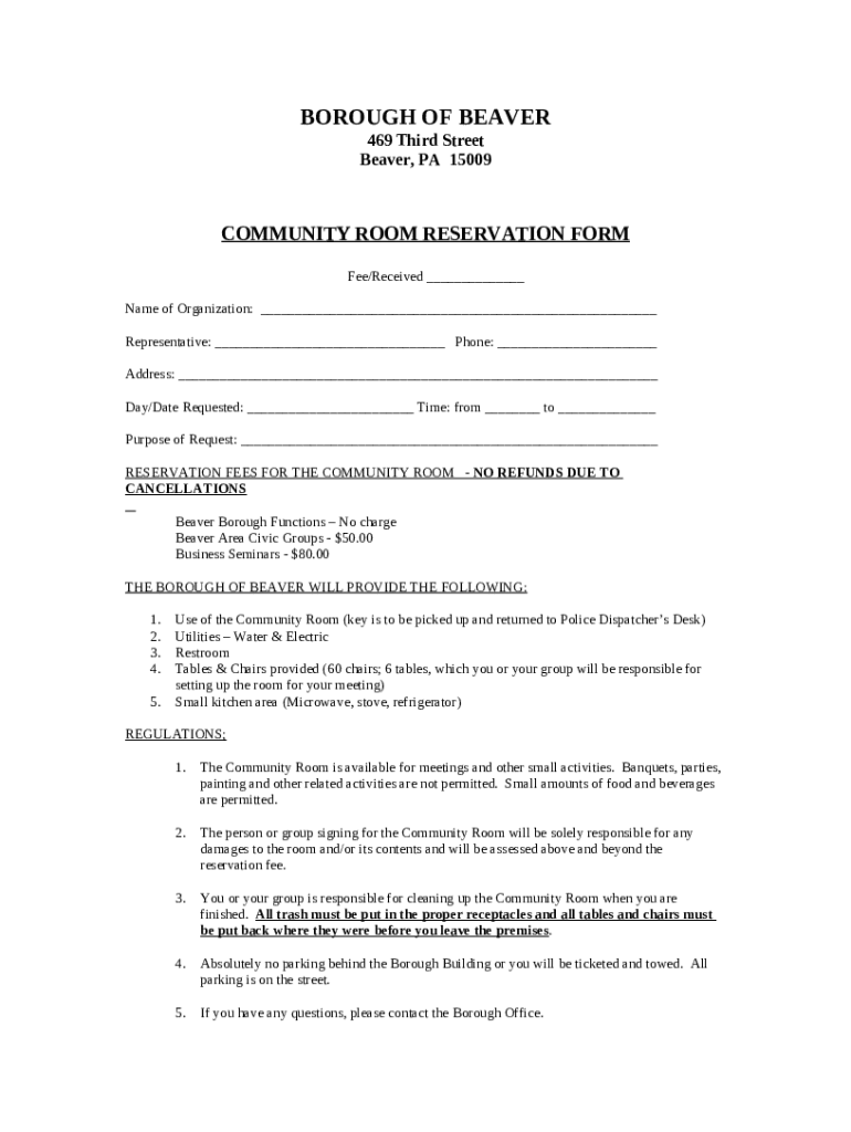 COMMUNITY ROOM RESERVATION - Beaver Borough Doc Template | pdfFiller