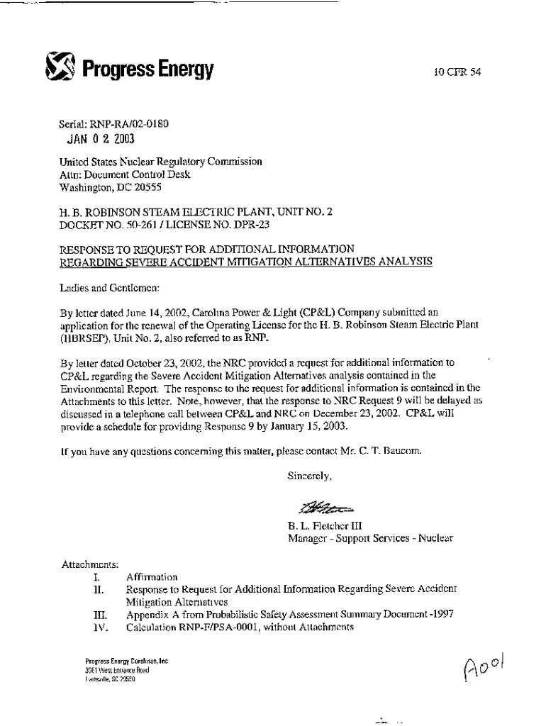 Fillable Online H.B. Robinson, Unit 2, Response to Request for ...