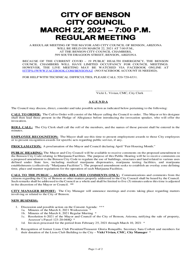 Fillable Online CITY OF BENSON CITY COUNCIL MARCH 22, 20217:00 P.M ...