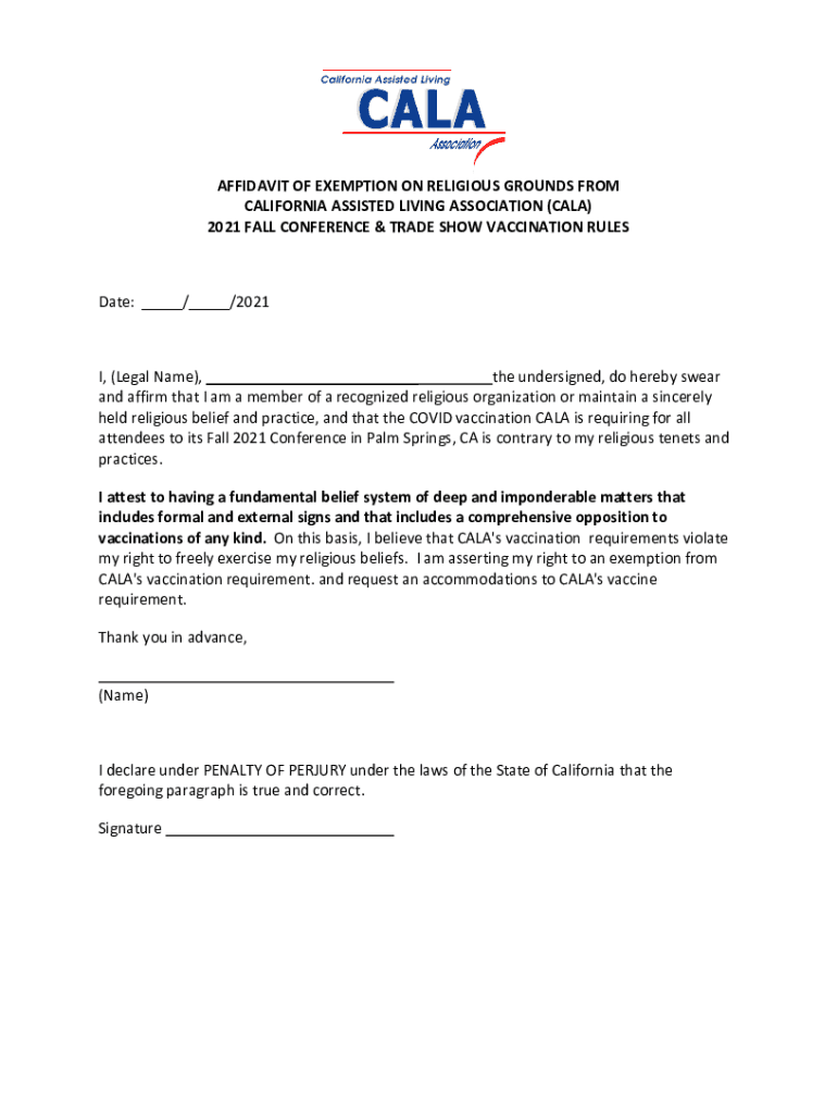 Fillable Online AFFIDAVIT OF EXEMPTION ON RELIGIOUS GROUNDS FROM ...