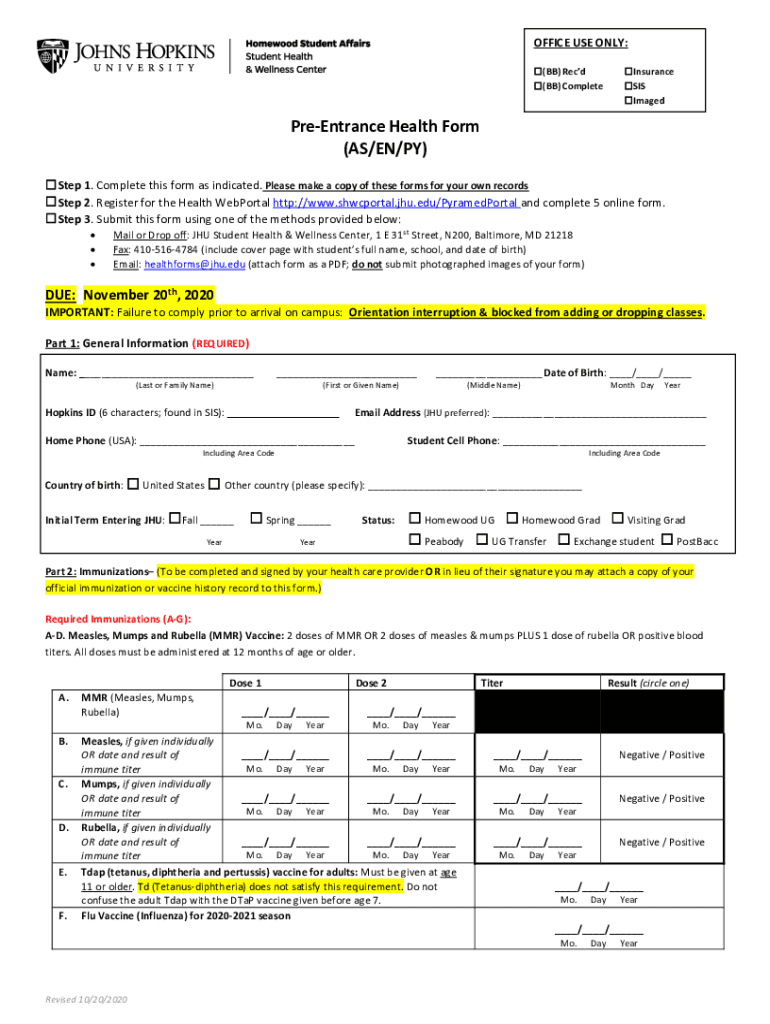 Fillable Online Pre-Entrance Health Form (Post-Doctoral Fellows) Fax ...