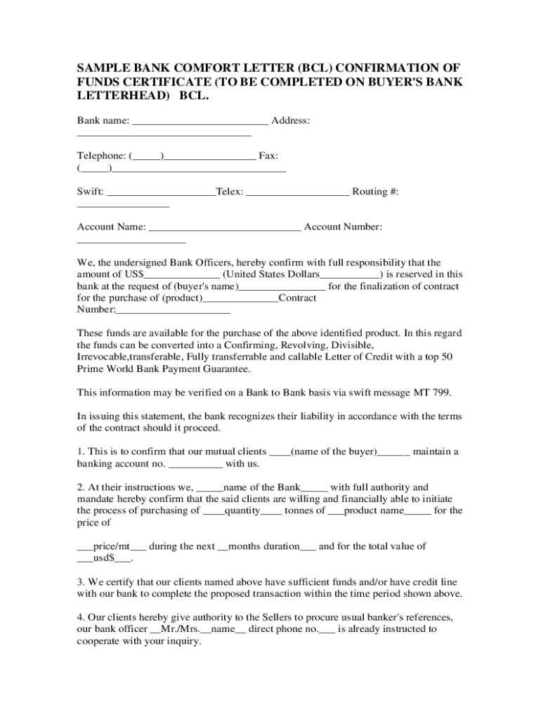 Fillable Online FOLLOWING IS A SAMPLE BANK COMFORT LETTER (BCL) Fax ...