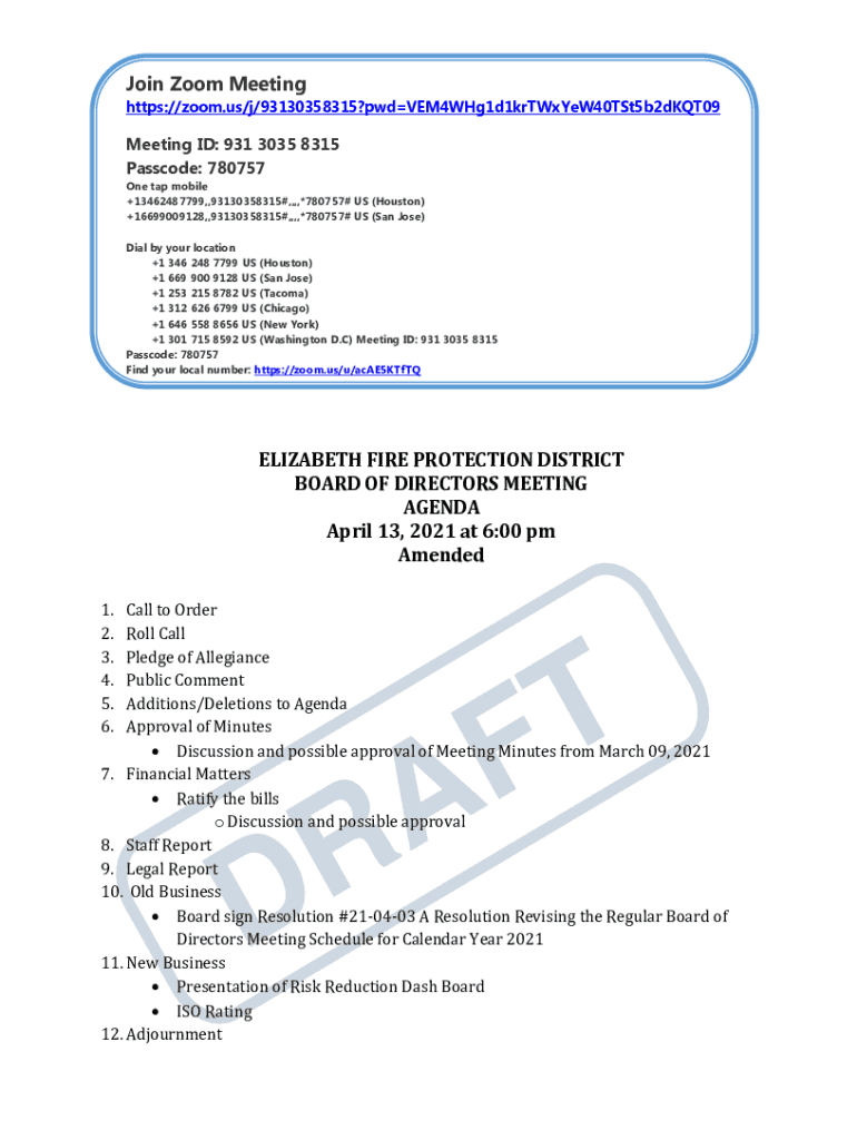 Fillable Online ELIZABETH FIRE PROTECTION DISTRICT BOARD OF DIRECTORS ...