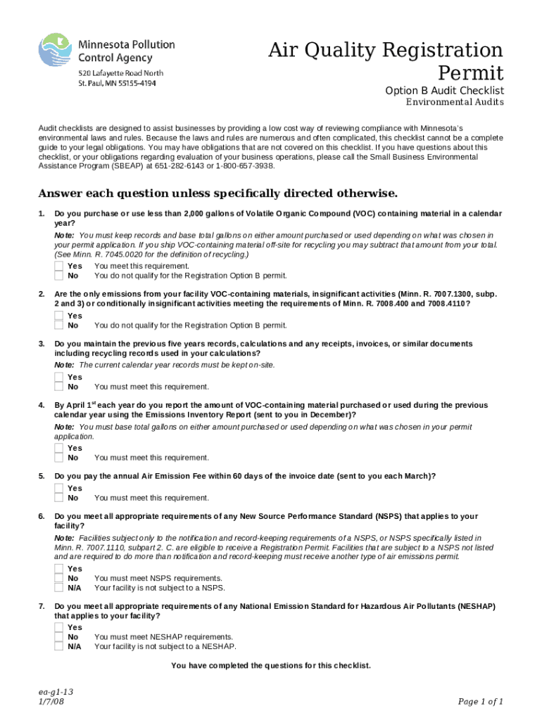Air Quality Registration Permit Option B Audit Checklist . An audit ...