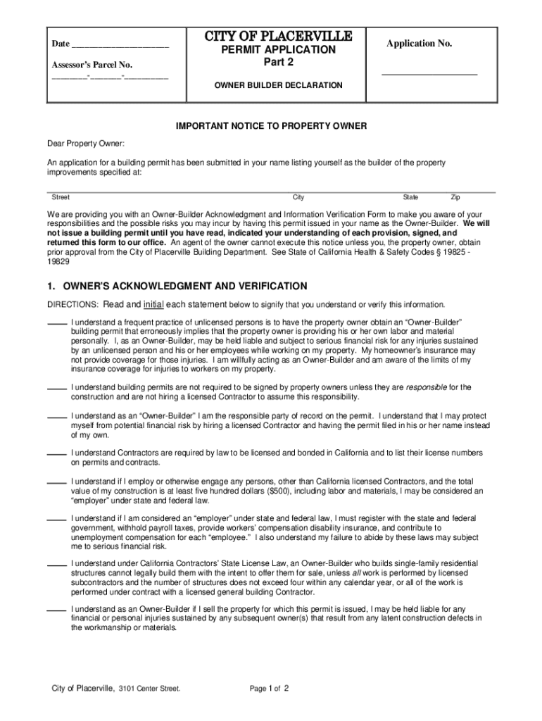 Fillable Online Owner Builder Acknowledgment Form - City of Gilroy Fax ...