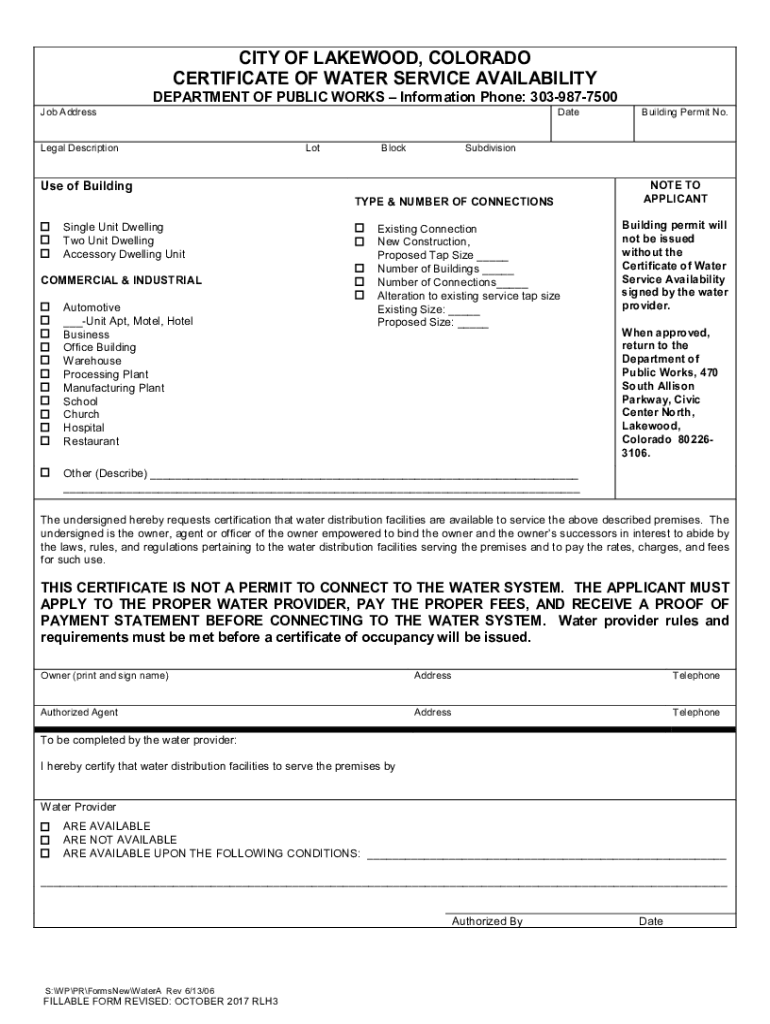 Fillable Online CITY OF LAKEWOOD, COLORADO CERTIFICATE OF WATER SERVICE ... Fax Email Print ...