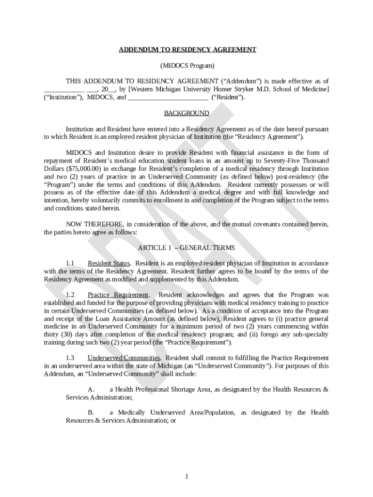 ADDENDUM TO RESIDENCY AGREEMENTLaw Insider Doc Template | pdfFiller