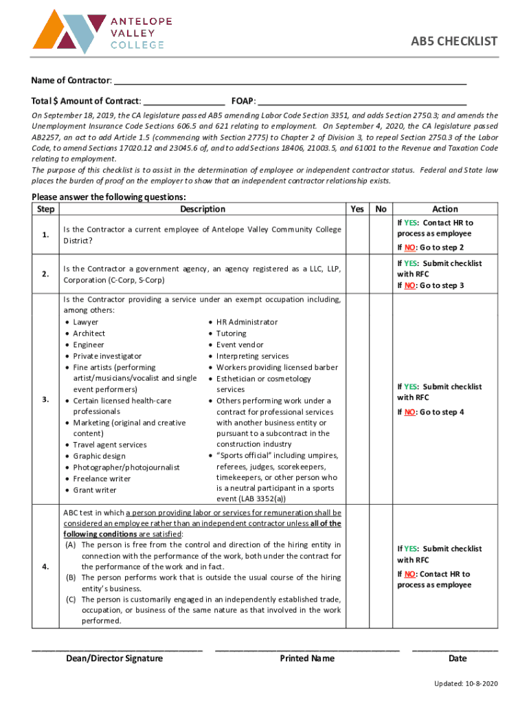 Fillable Online Bill Text - AB-5 Worker status: employees and ...
