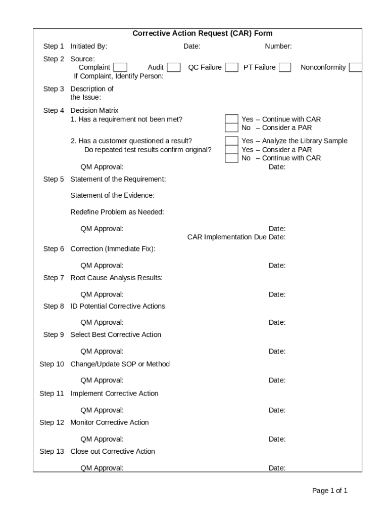 Corrective Action Request (CAR) Doc Template | pdfFiller
