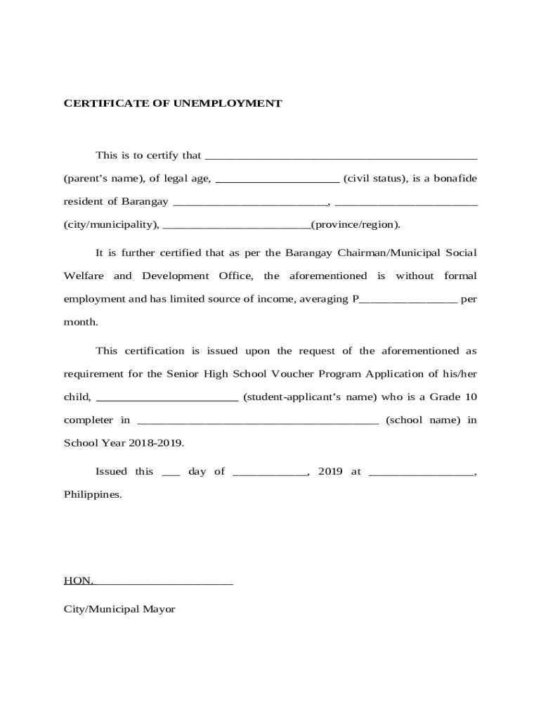 CERTIFICATE OF UNEMPLOYMENT - Department of Education Doc Template ...