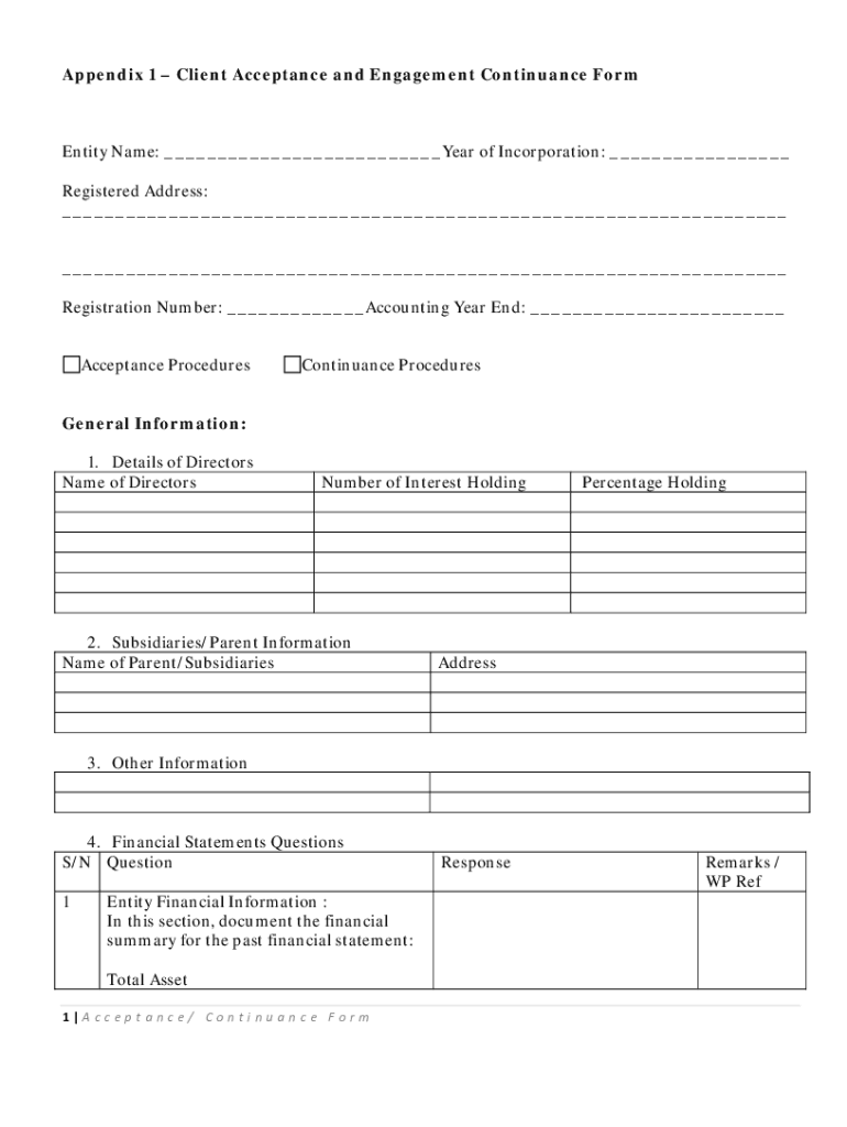 Fillable Online Appendix 1Client Acceptance and Engagement Continuance ...