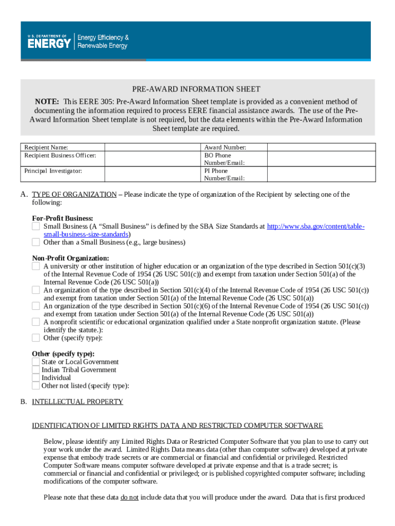 Pre-Award Ination Sheet, EERE 305. One of EERE's negotiation s for FOA applicants. - www1 eere ...