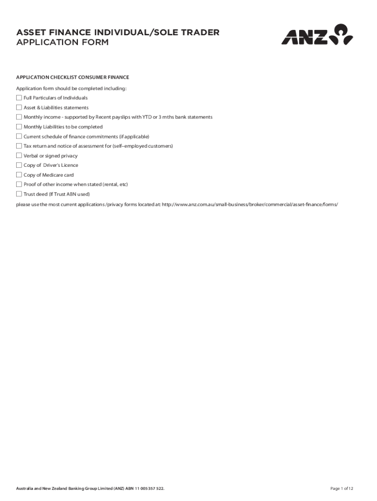 Fillable Online ASSET FINANCE INDIVIDUAL/SOLE TRADER APPLICATION FORM ...