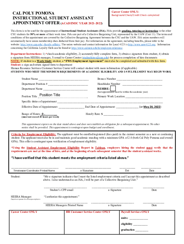 Fillable Online cal poly pomona instructional student assistant appointment offer Fax Email ...