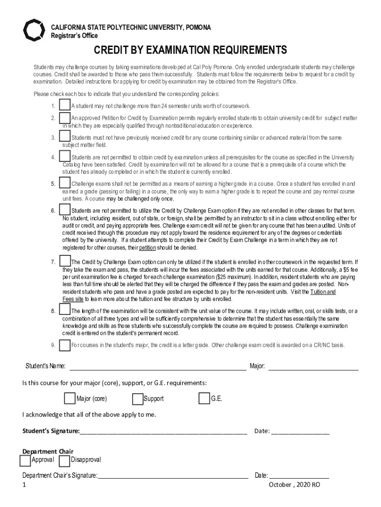 Fillable Online www.cpp.edu forms creditbyexaminationCREDIT BY ...
