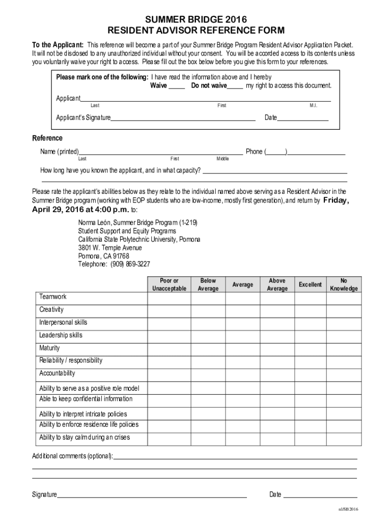 Fillable Online www.cpp.edussepsummer-bridgeSUMMER BRIDGE 2016 RESIDENT ...