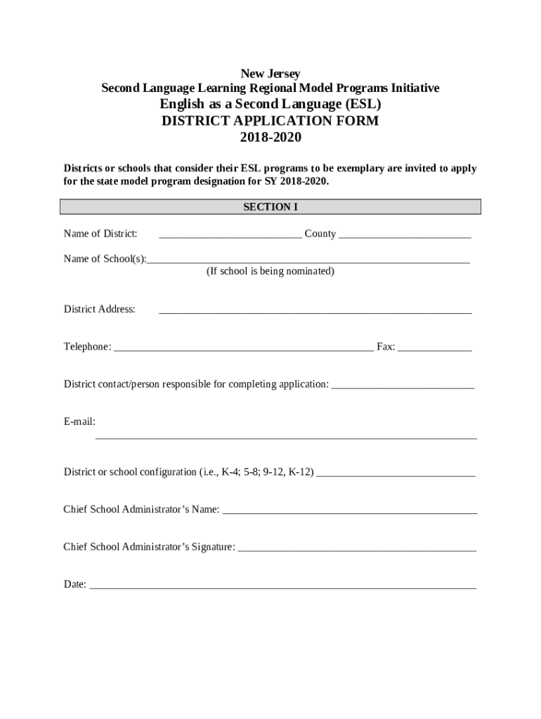 (ESL) DISTRICT APPLICATION 2018-2020 - NJ.gov Doc Template | pdfFiller