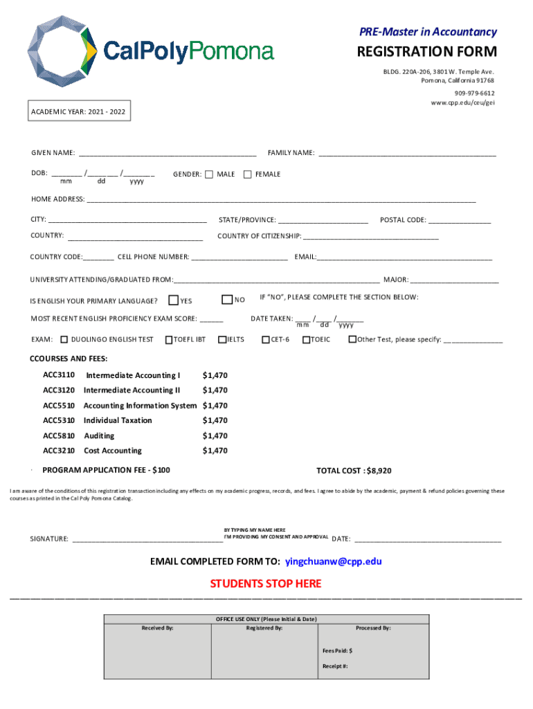 Fillable Online www.cpp.edu ceu geiPRE-Master in Accountancy ...