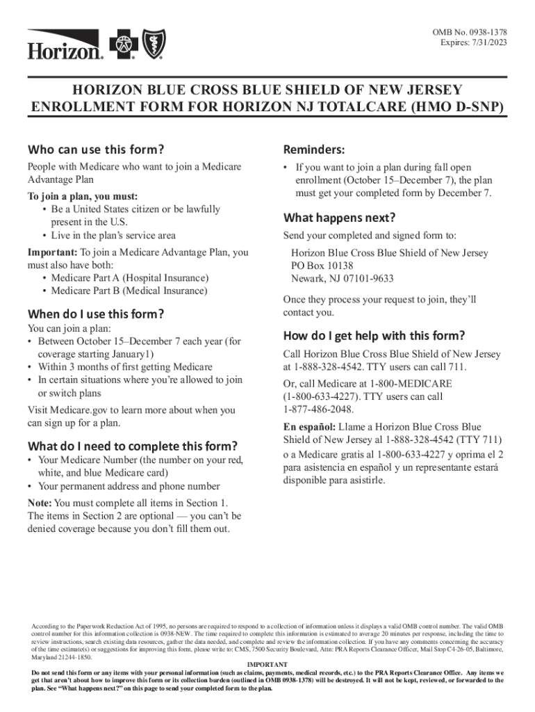 Fillable Online 2021 Horizon NJ TotalCare (HMO D-SNP) Enrollmen Form ...