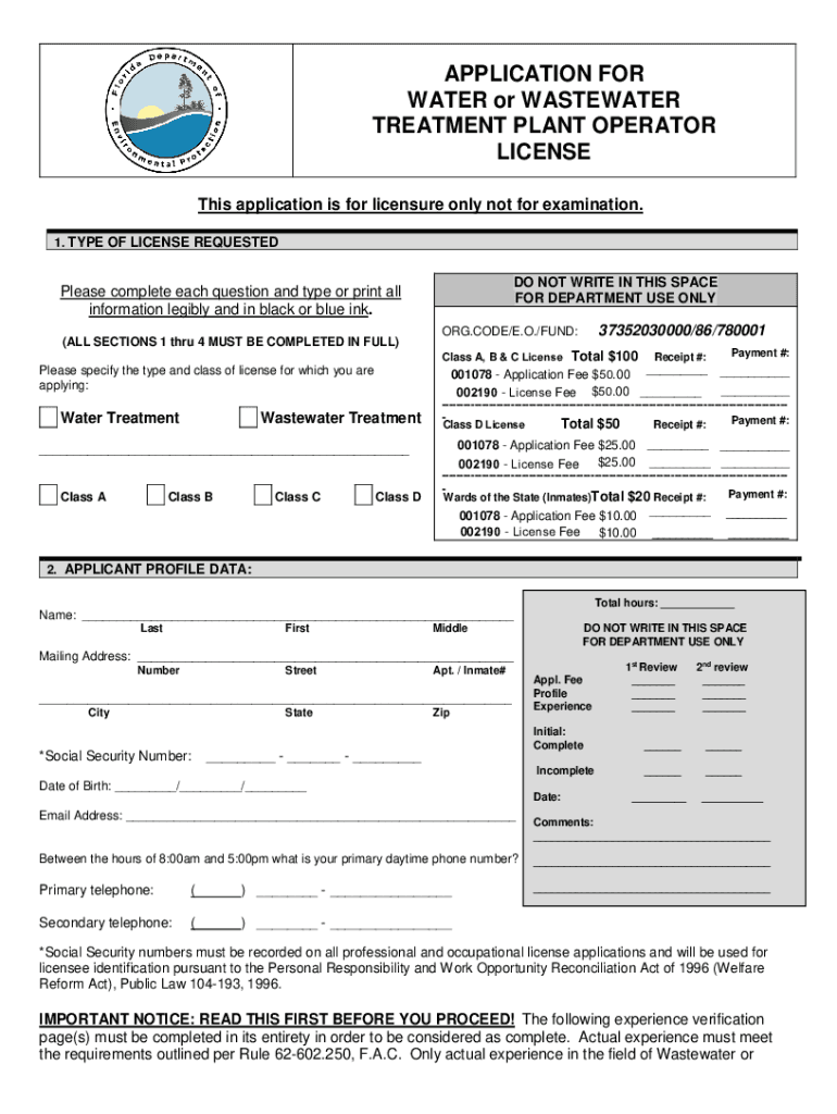 Fillable Online Application for Water or Wastewater Treatment Plant ...