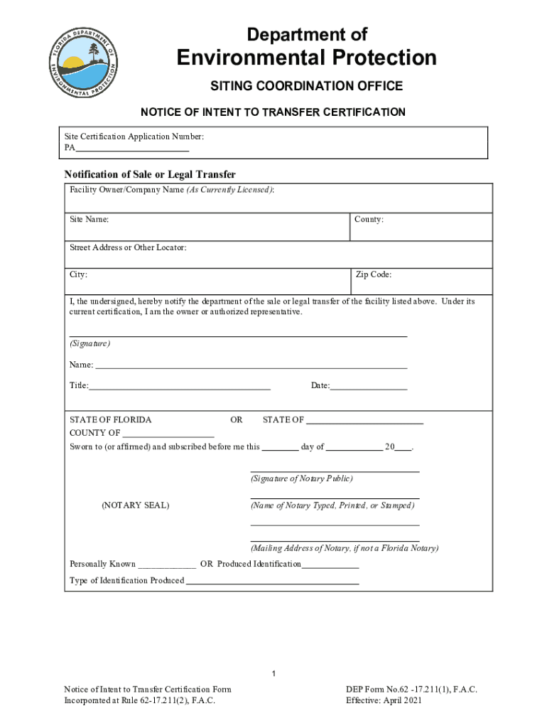 Fillable Online Notice of Intent to Transfer certification FORM Fax Email Print - pdfFiller