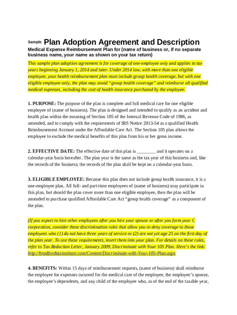 Sample Plan Adoption Agreement and Description Medical ... Doc Template ...