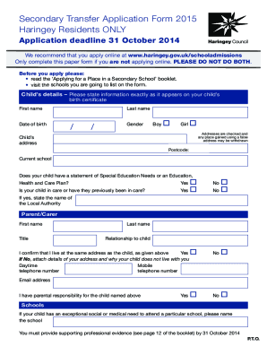 Fillable Online Secondary Transfer Application Form 2015 Haringey ... Fax Email Print - pdfFiller