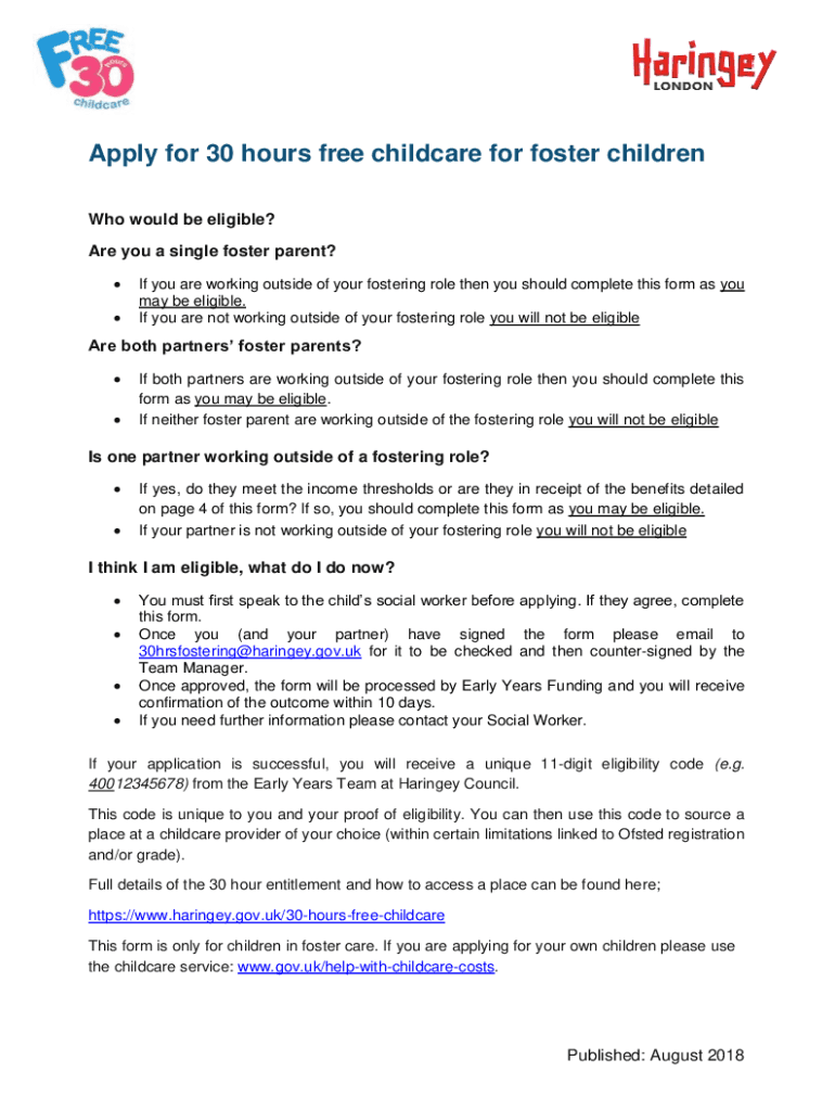 Fillable Online Apply for 30 hours free childcare for foster children ...