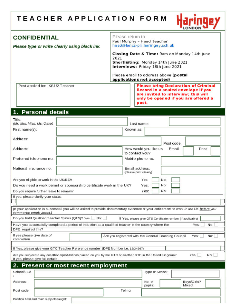 APPLICATION TEACHERS - haringey.gov.uk Doc Template | pdfFiller
