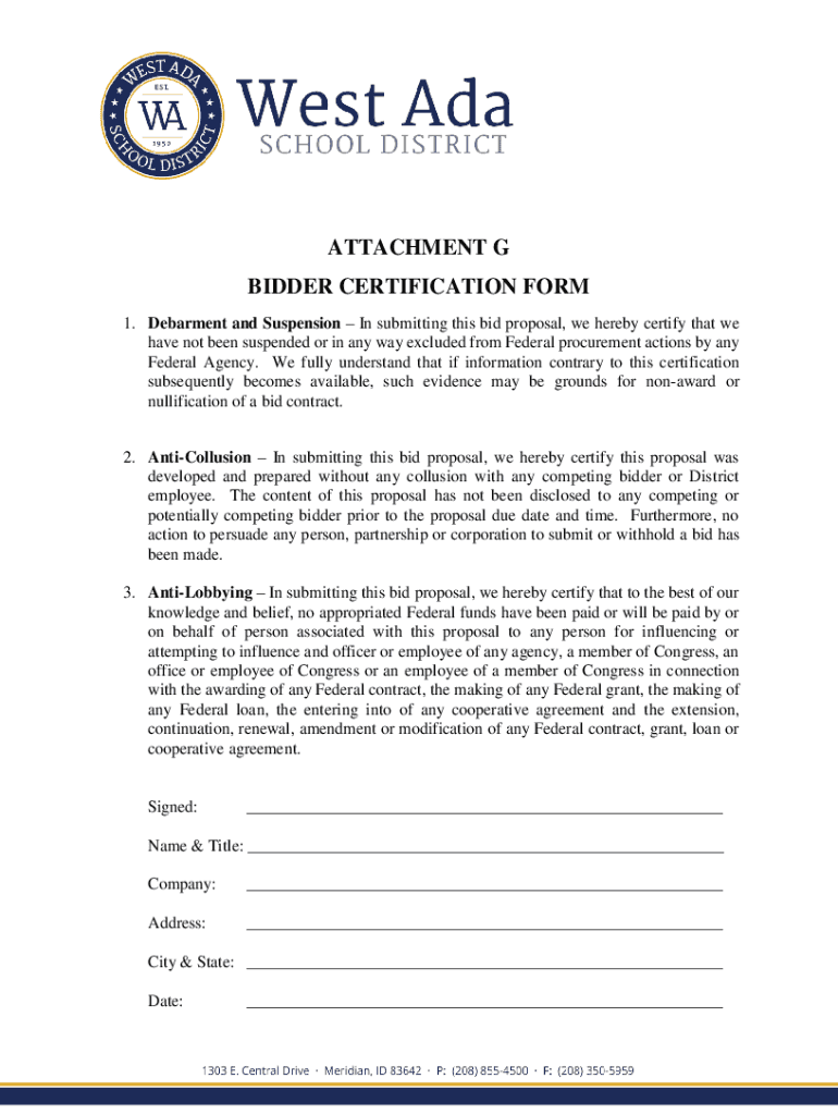 Fillable Online ATTACHMENT G BIDDER CERTIFICATION FORM Fax Email Print - pdfFiller